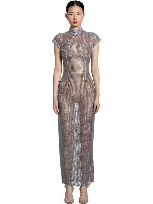 SAU LEE Ann Crystal Embellished Maxi Dress With Mandarin Collar - Silver
