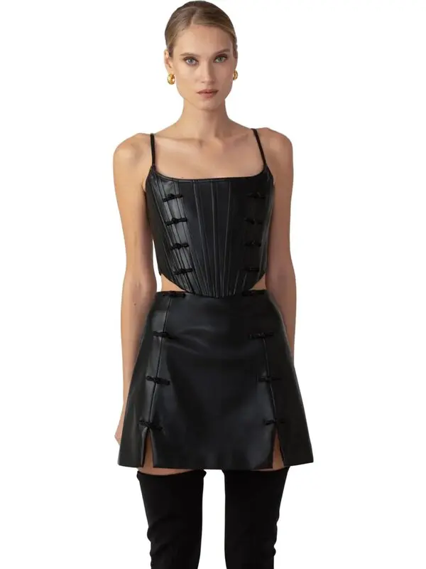 SAU LEE Nadia Faux Leather Corset Top - Black