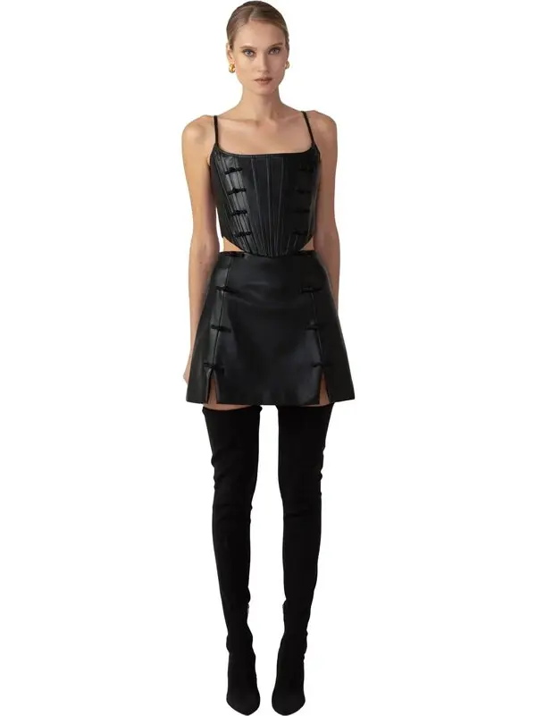 SAU LEE Sadie Faux Leather A-line Mini Skirt With Pankou Buttons - Black