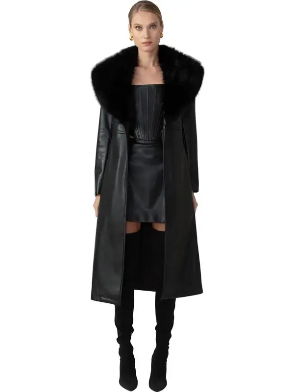 SAU LEE Simone Belted Faux Leather Overcoat With Detachable Faux Fur Shawl Collar - Black