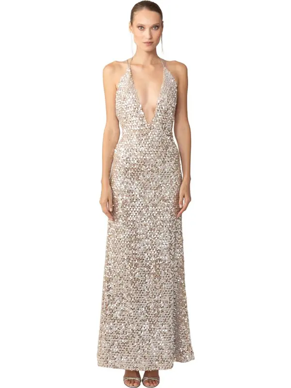 SAU LEE Ollie Gown Sequined Maxi Dress - Nude