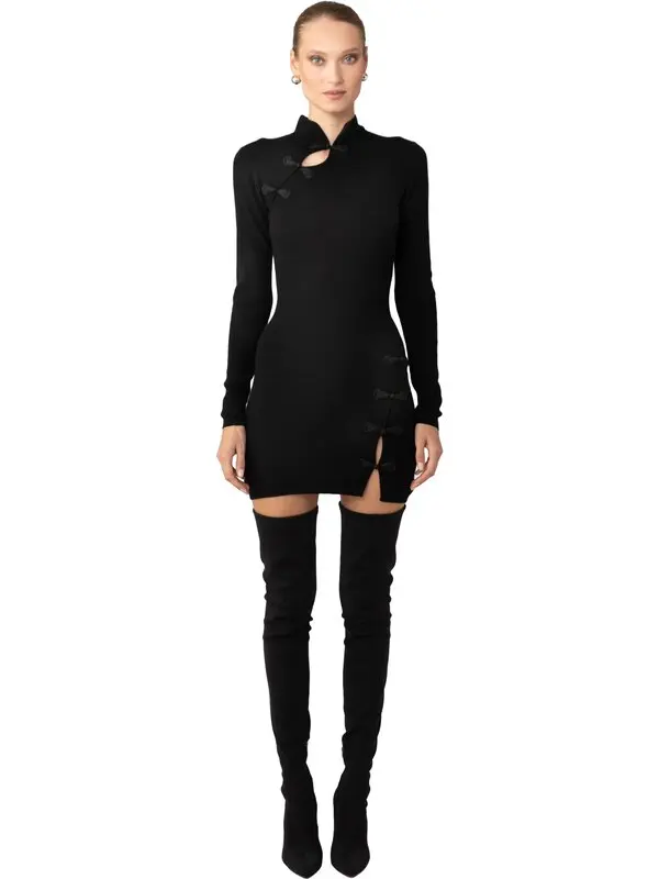 SAU LEE Dakota Knit Mini Dress With Mandarin Collar And Pipa Knot Buttons - Black