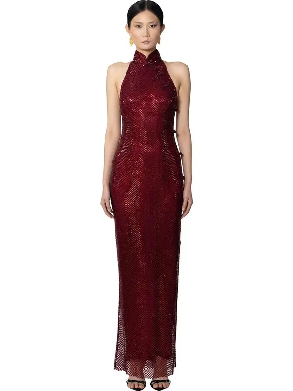 SAU LEE Crystal Cheongsam Maxi Dress - Dark Cherry