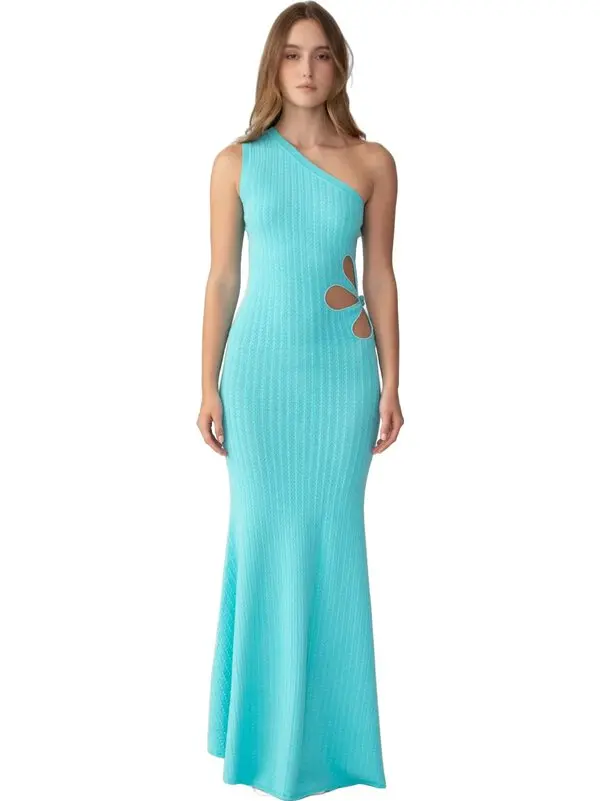 SAU LEE Dion One-shoulder Crochet Knit Maxi Dress - Aqua Blue