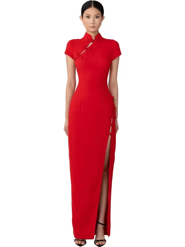 SAU LEE Isabella Maxi Dress With Mandarin Collar And Asymmetrical Slits - Red