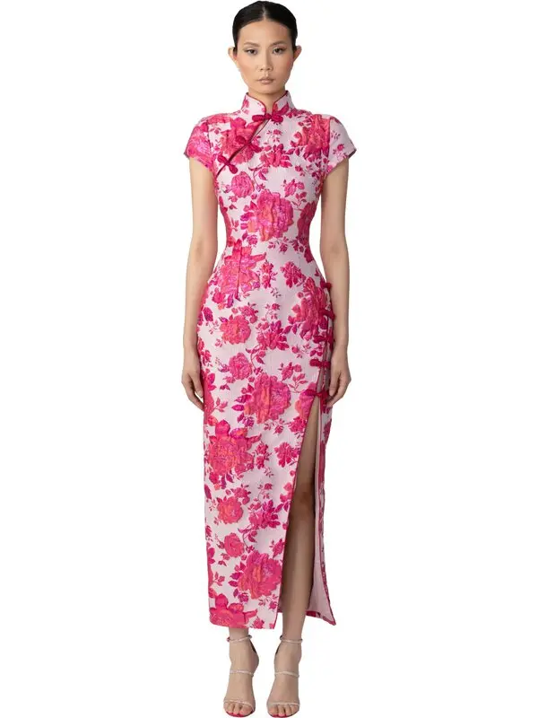 SAU LEE Josephine Jacquard Midi Dress - Pink Multi