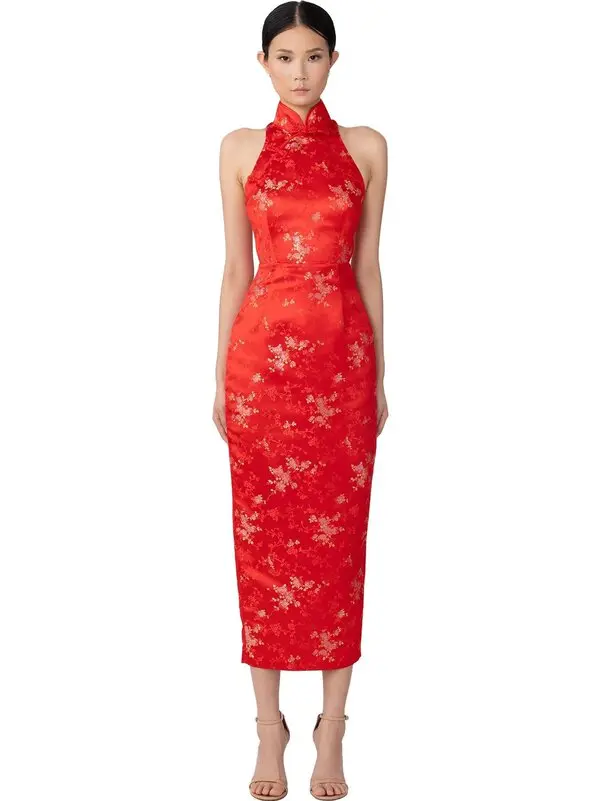 SAU LEE Jill Chinese Jacquard Pencil Dress - Red