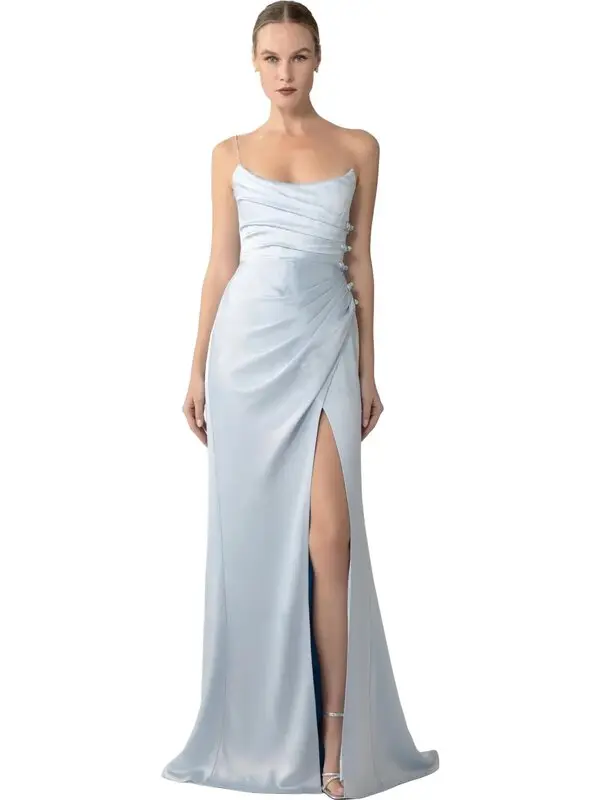 SAU LEE Satin Gown With Crystal Embellishments And Slit - Pastel Blue