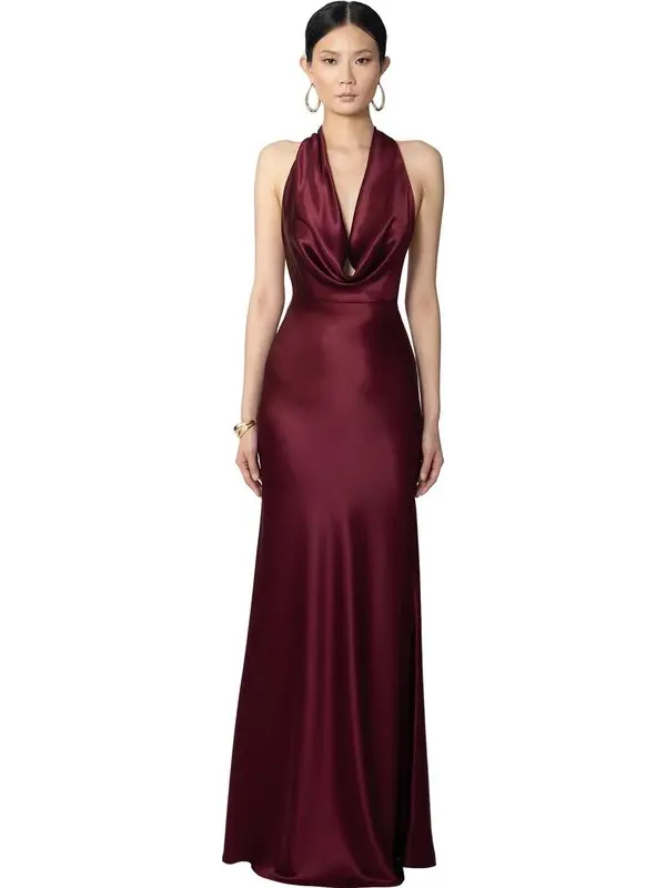 SAU LEE Pearl Satin Gown - Bordeaux
