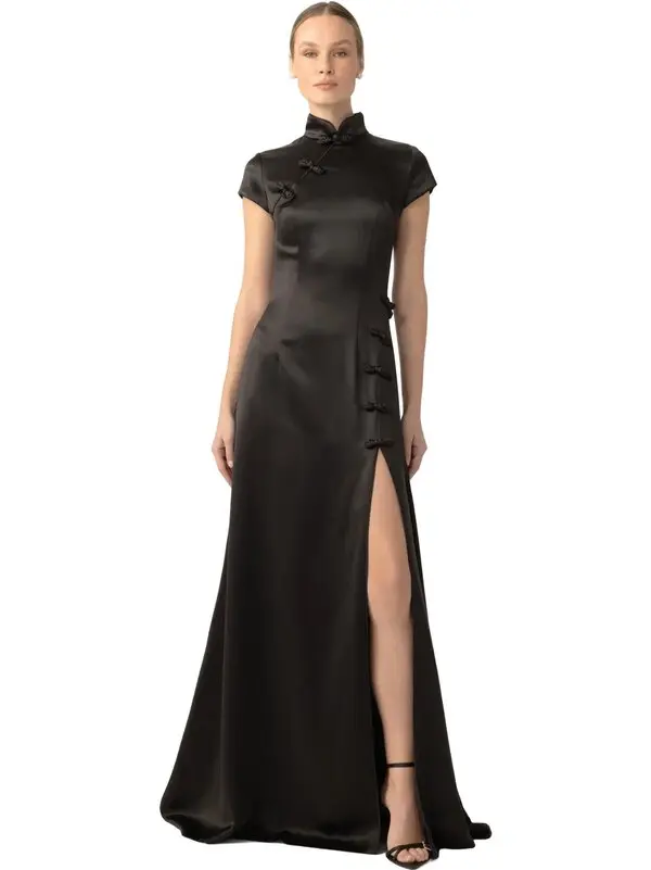 SAU LEE Pia Satin Gown With Mandarin Collar And Slit - Black
