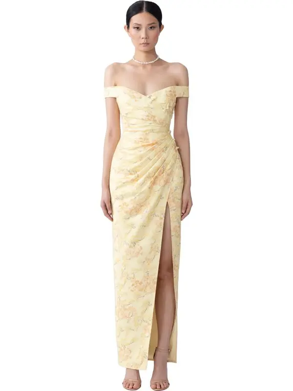SAU LEE Mikaela Off-shoulder Maxi Dress With Slit - Yellow Multi