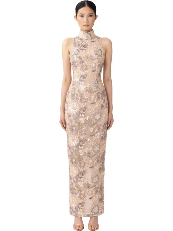 SAU LEE Sienna Beaded Embroidered Cheongsam Maxi Dress - Nude Multi