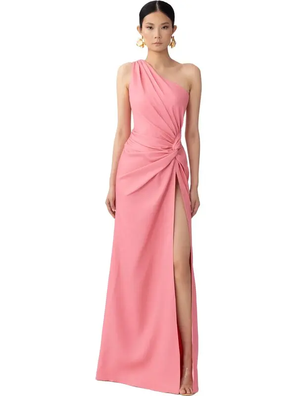 SAU LEE Helene One-shoulder Crepe Maxi Dress With Knot Detail And Slit - Coral Pink