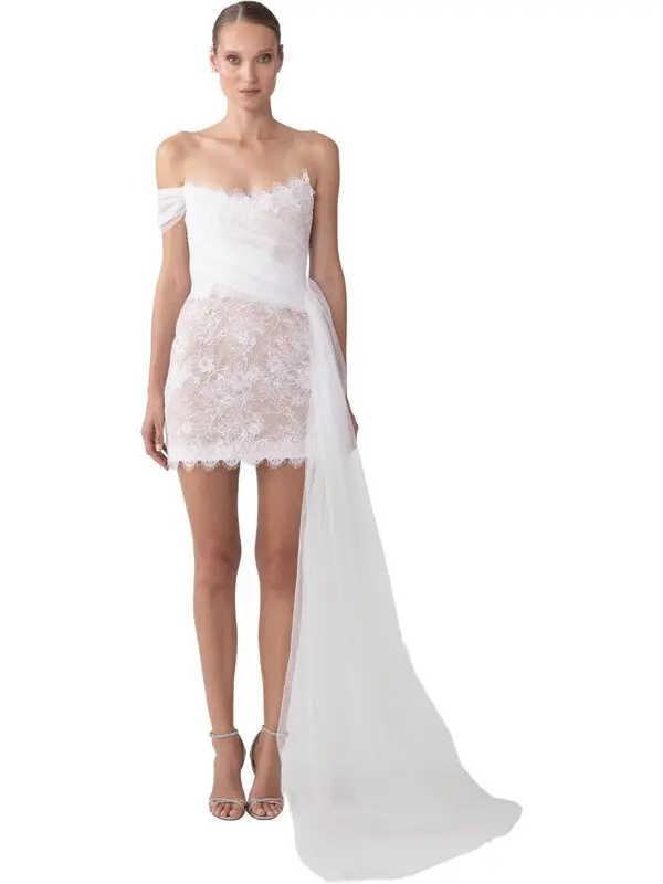 SAU LEE Off-shoulder Sequined Lace Mini Dress With Asymmetrical Tulle Train - White
