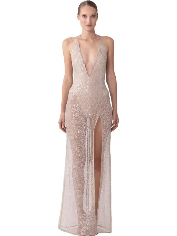 SAU LEE Braxton Beaded Maxi Dress - Nude