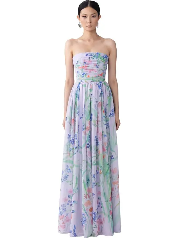 SAU LEE Camille Floral Chiffon Strapless Maxi Dress - Lavender Multi