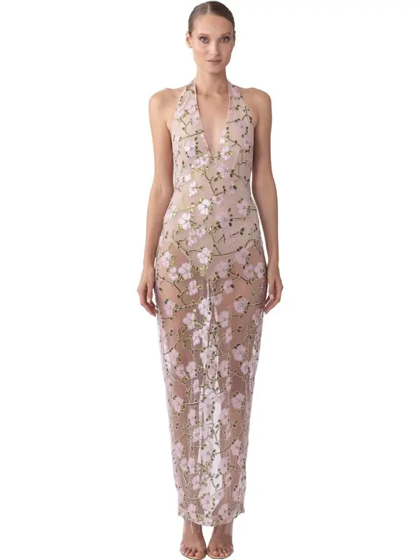 SAU LEE Olympia Beaded Floral Maxi Dress - Nude Multi