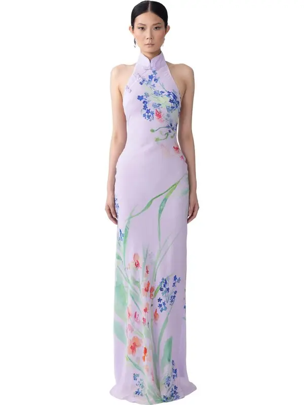 SAU LEE Gillian Floral Chiffon Gown - Lavender Multi