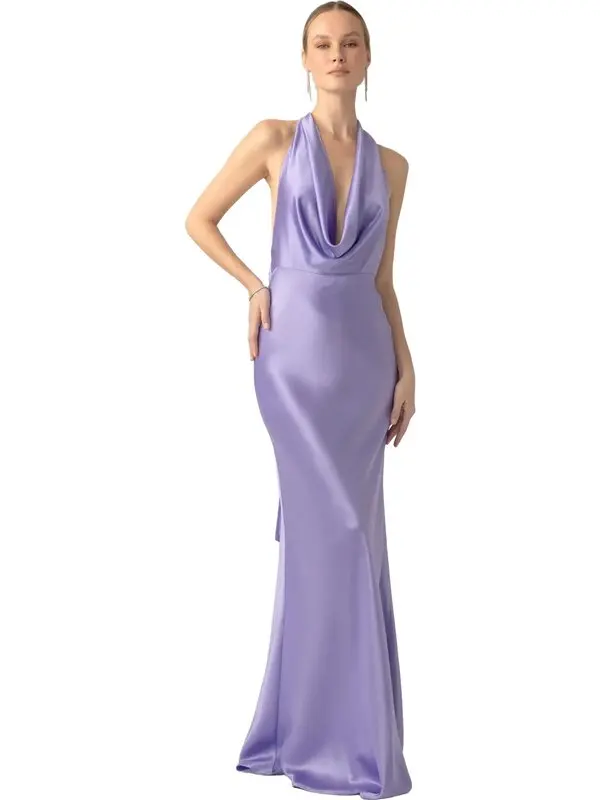 SAU LEE Halter Satin Gown With Statement Wings - Periwinkle