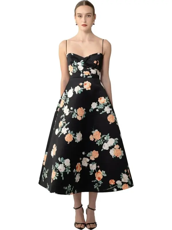 SAU LEE Bo Midi Dress With Sweetheart Neckline And Floral Print - Black Multi