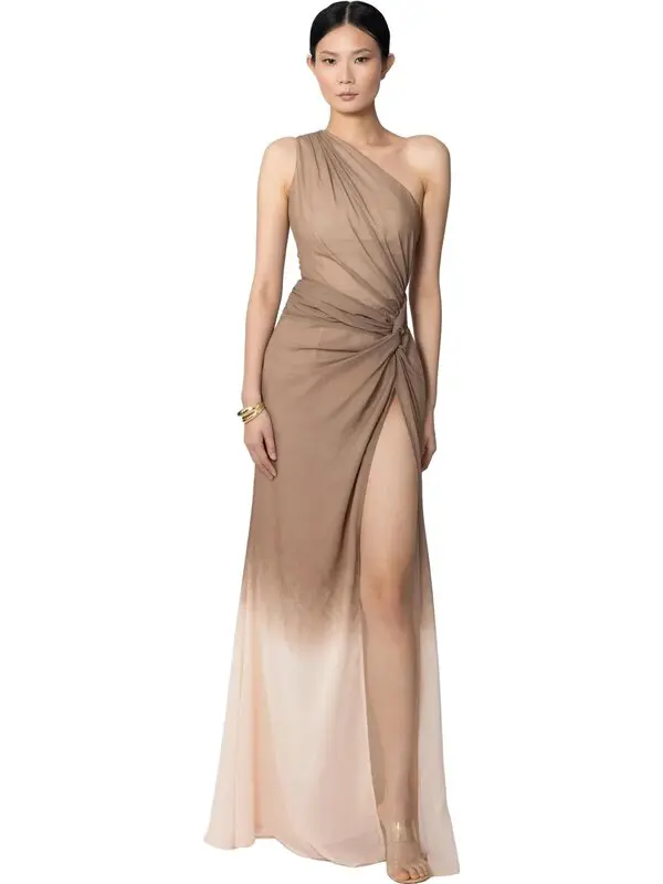 SAU LEE Grecia One-shoulder Maxi Dress With Knotted Front And Thigh Slit - Latte Ombre