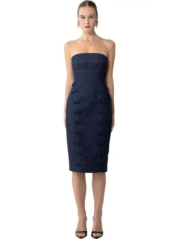 SAU LEE Strapless Denim Midi Dress With Knotted Detail - Dark Denim