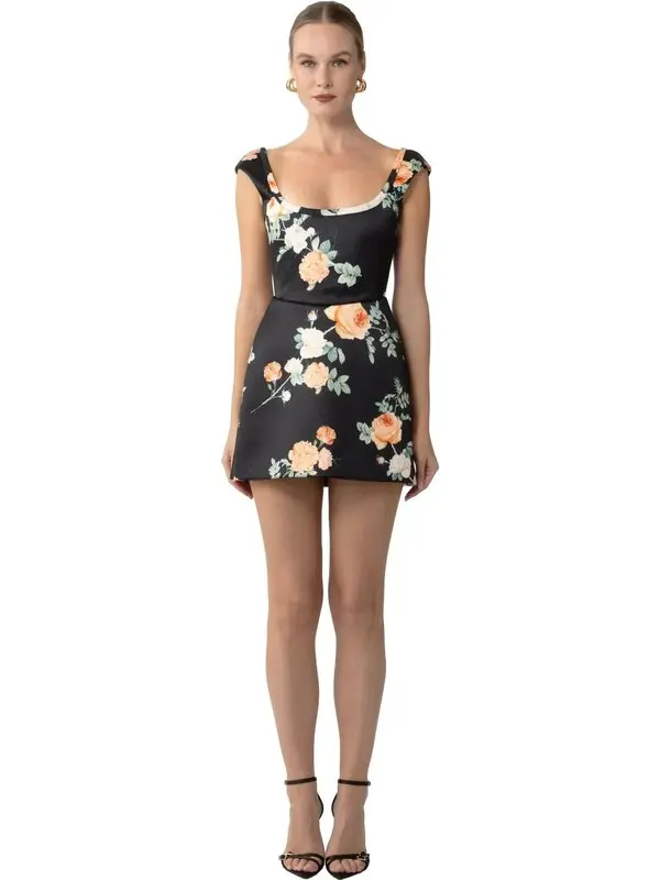 SAU LEE Bryn Mini Dress With Rose Motif - Black Multi