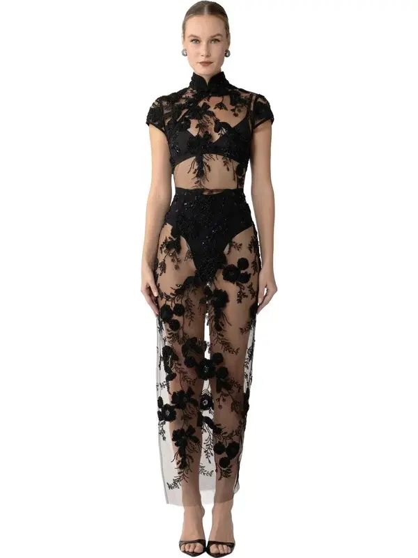 SAU LEE Charlize Beaded Midi Dress - Black