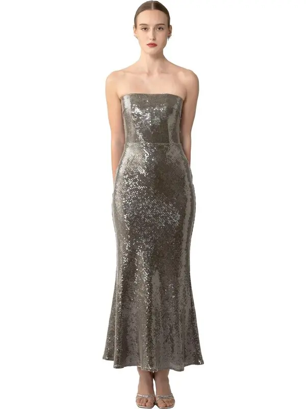 SAU LEE Ciara Strapless Sequin Midi Dress - Smokey Olive
