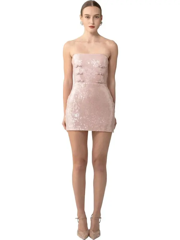 SAU LEE Cindy Strapless Sequined Mini Dress With Knot Detailing - Misty Pink