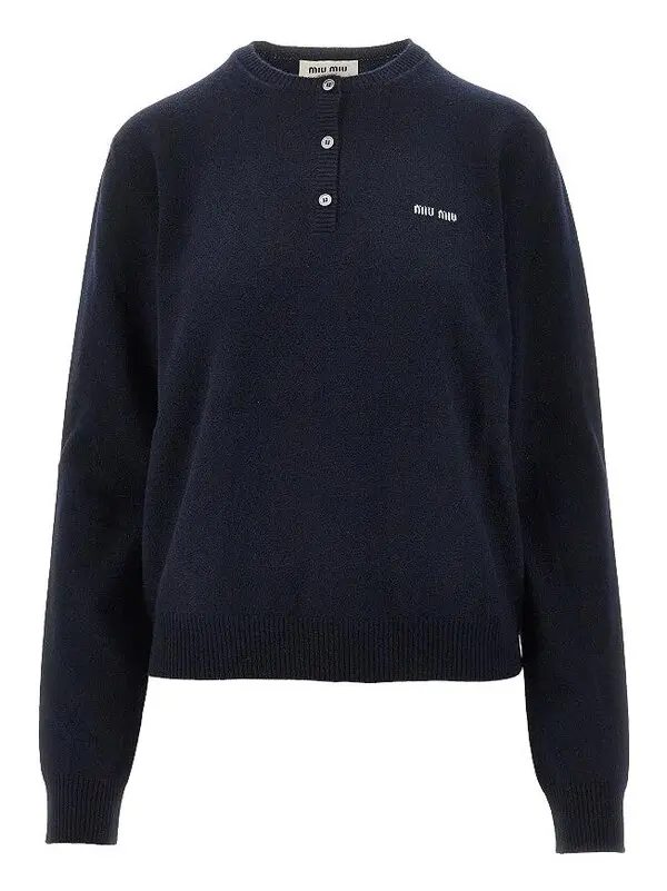 Miu Miu Cashmere Sweater With Logo Inlay - Blue