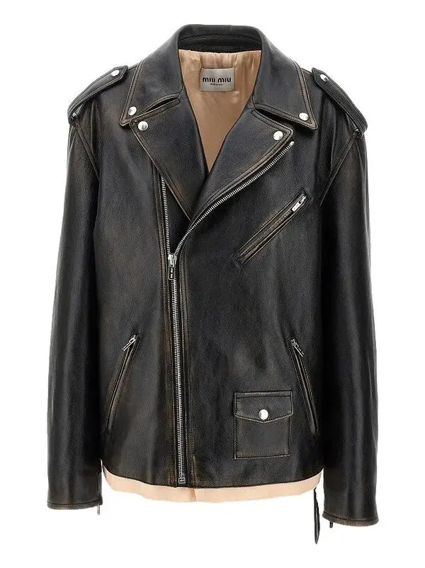 Miu Miu Nappa Leather Oversized Biker Jacket - Black