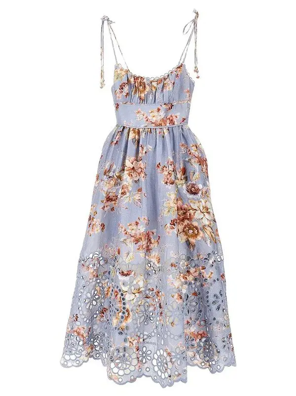 Zimmermann Awaken" Linen Floral Embroidered Midi Dress - Blue