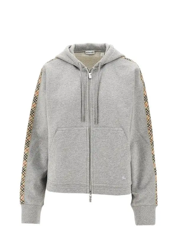 Burberry Full-zip Hoodie With Check Detail - Grey