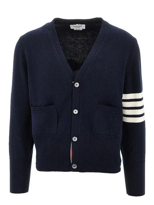 Thom Browne Wool Cardigan With Horse Inlay - Blue