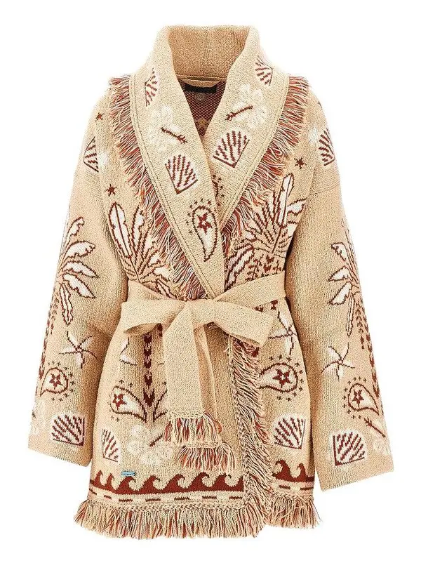 Alanui Jacquard Knit Wool Blend Cardigan With 'echoes Of The Island' Motif - Beige