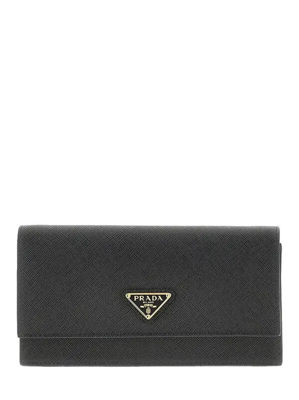 Prada Saffiano Leather Clutch With Enameled Triangle Logo - Black