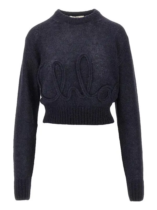 Chloé Alpaca And Silk Blend Cropped Sweater With Embroidered Logo - Blue