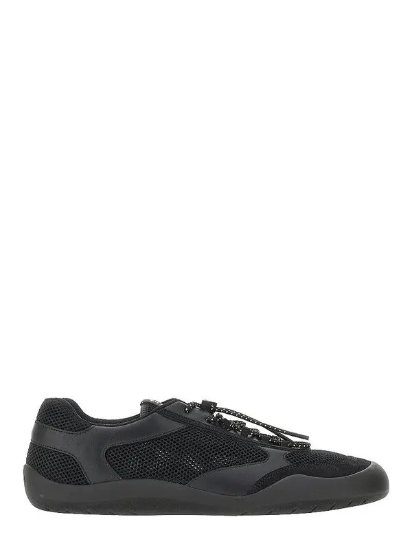 Prada Mesh And Leather Sneakers With Drawstring Closure - Black