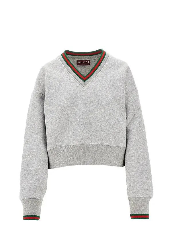 Gucci V-neck Sweatshirt With Web Trim - Grey