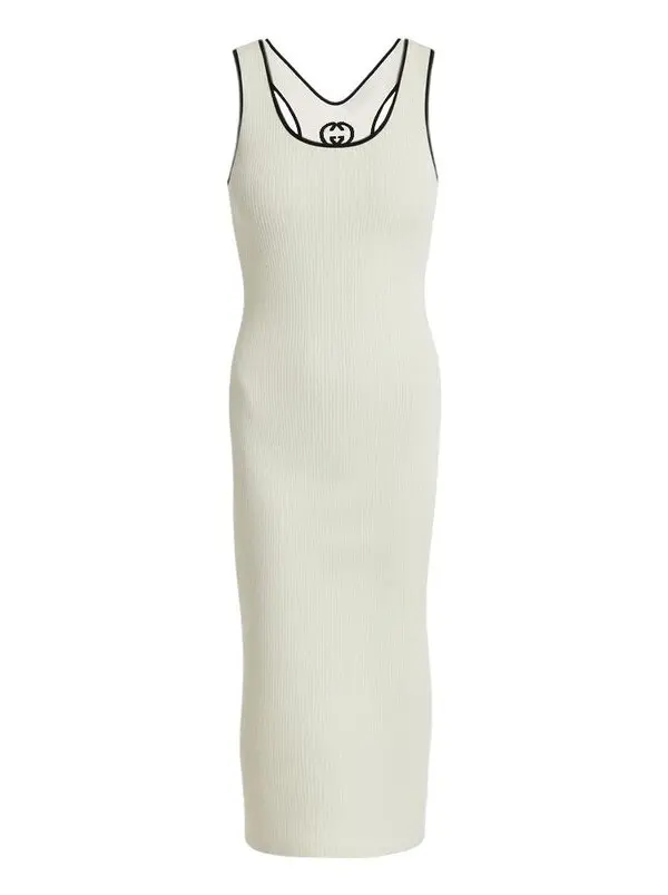 Gucci Sleeveless Ribbed Knit Midi Dress With Interlocking Gg Motif - White