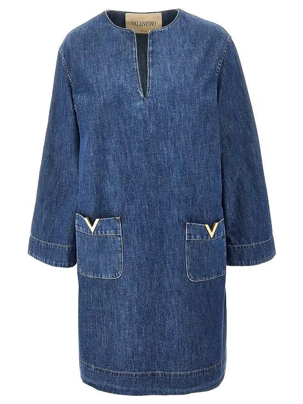 Valentino Garavani Denim Mini Dress With V Gold Detail - Blue