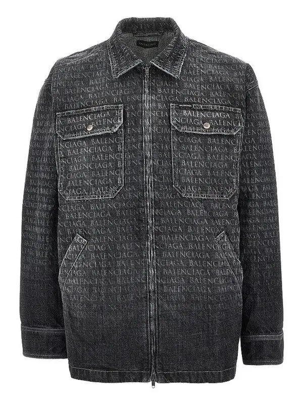 Balenciaga Logo Print Denim Overhirt - Black