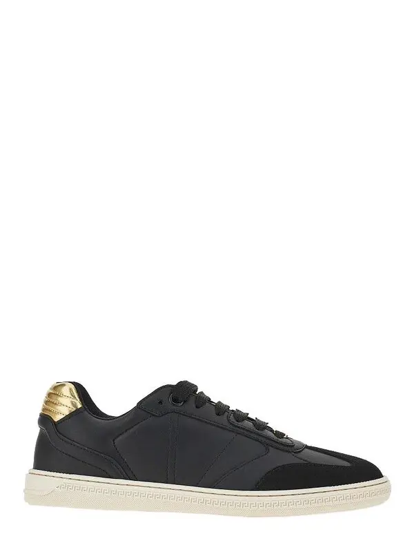 Versace Greca Court Faux Leather And Suede Sneakers With Gold Tone Detailing - Black