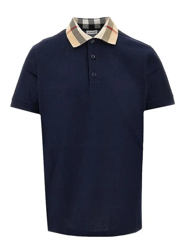 Burberry Piquet Polo Shirt With Check Collar An - Blue