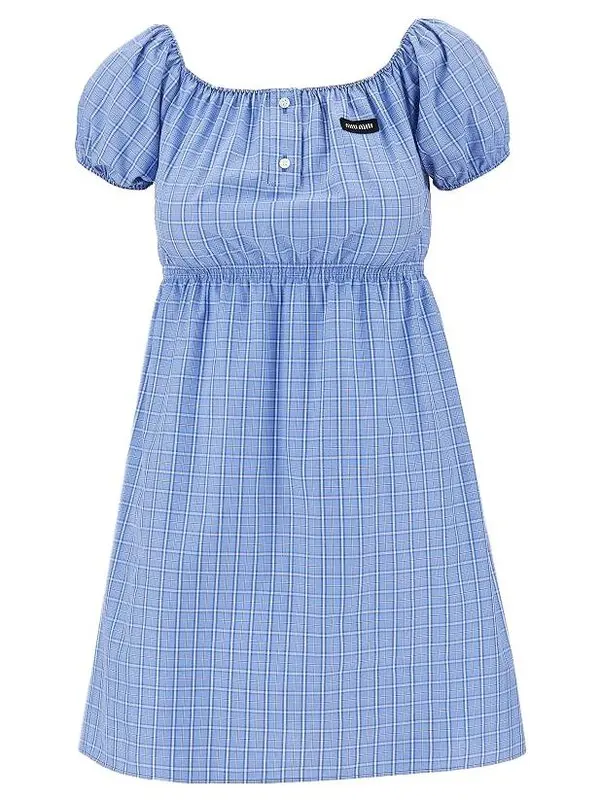 Miu Miu Off-the-shoulder Checked Poplin Mini Dress - Blue