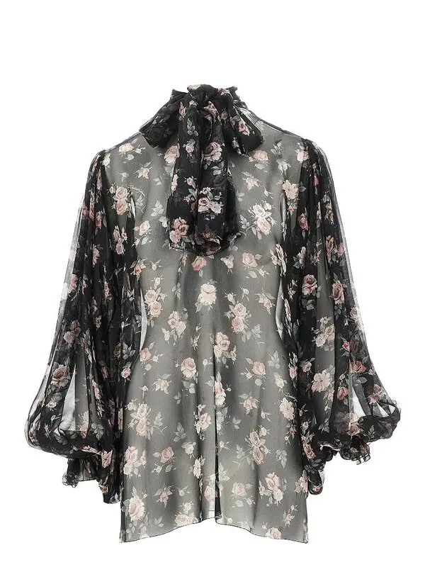 Dolce & Gabbana Vintage Roses Print Chiffon Blouse - Black