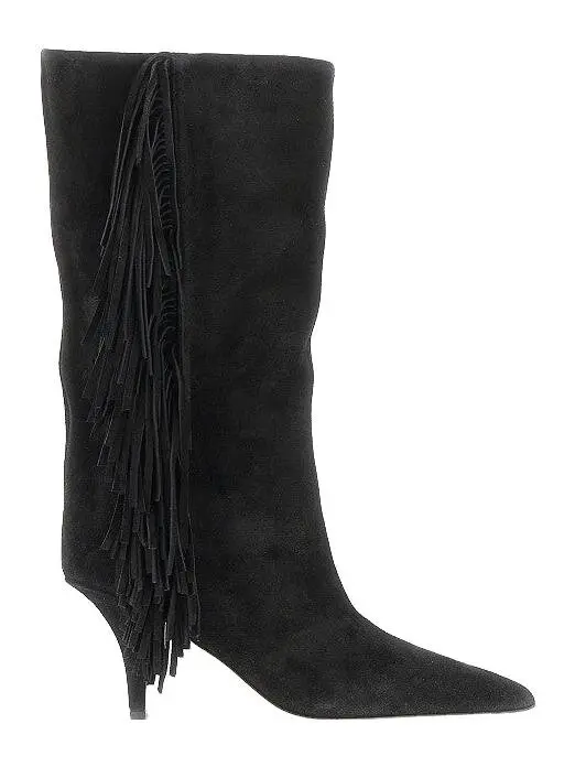 Paris Texas Suede Leather Fringe Boots - Black