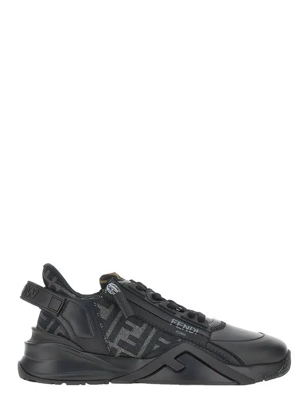 Fendi Flow Leather And Ff Jacquard Sneakers - Black