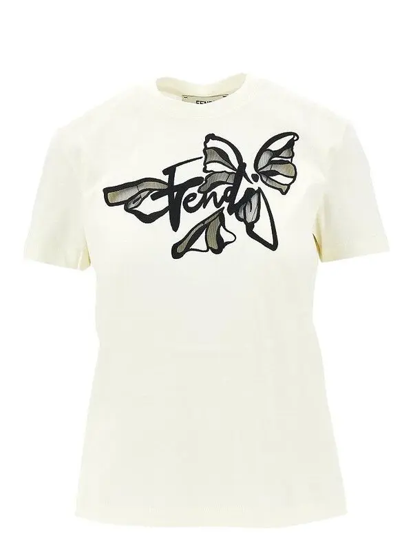 Fendi Cotton Jersey T-shirt With Tulle Inserts And Logo Embroidery - White